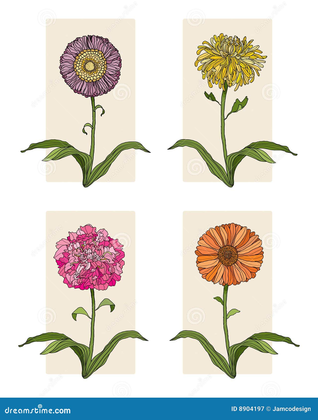 Four Flowers stock vector. Illustration of purple, yellow - 8904197