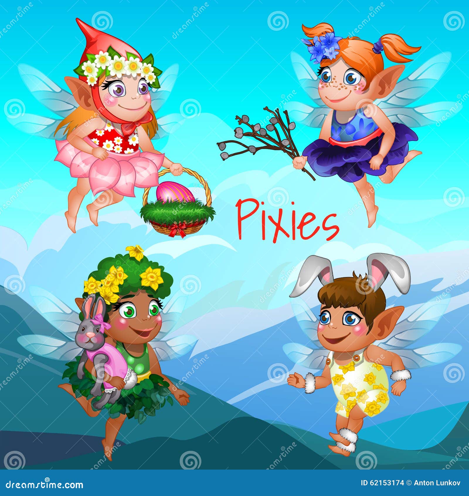 Four Flying Fairies with Different Accessories and Stock Illustration ...