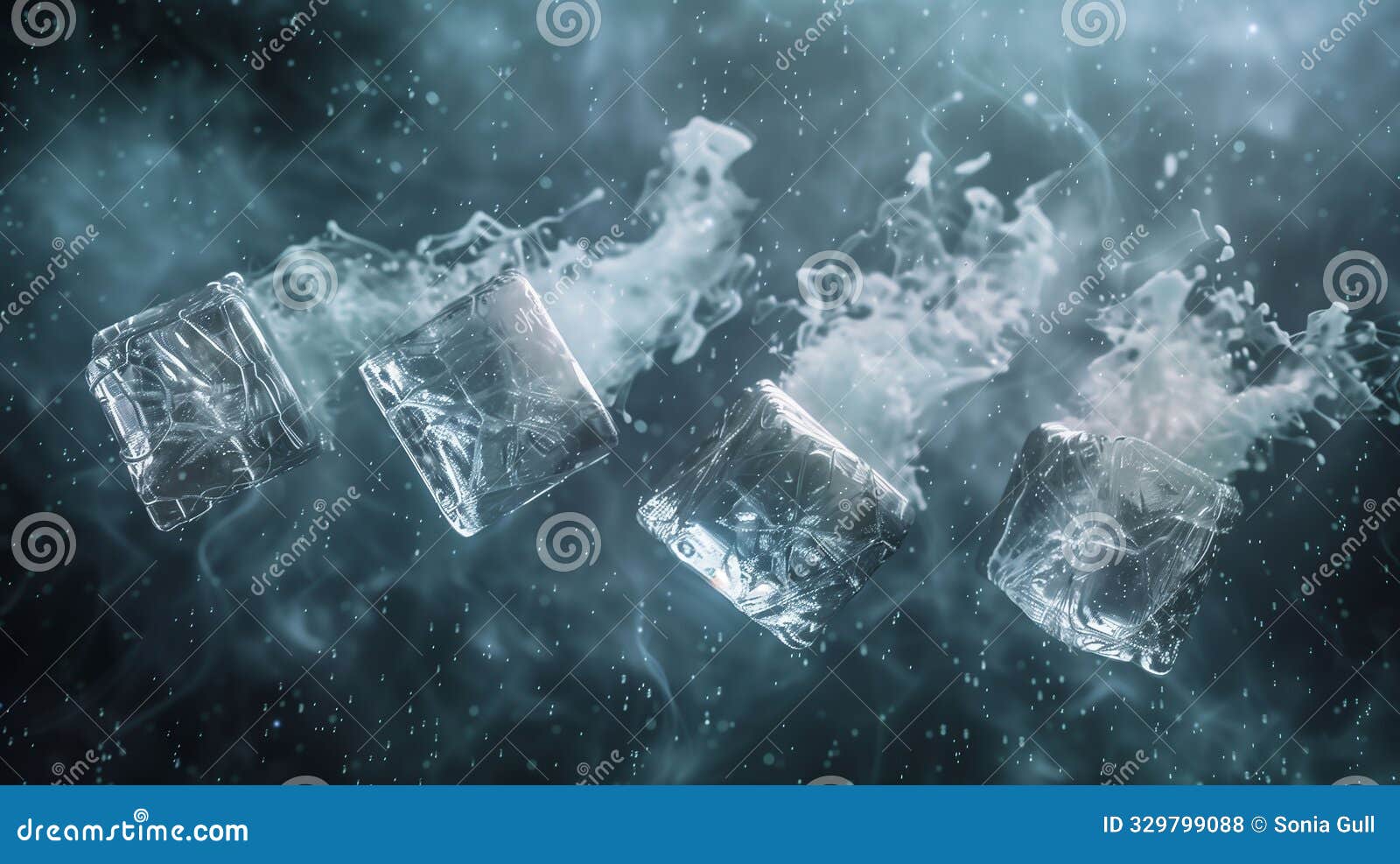 Four Dynamic Ice Cubes Flying through the Air, Cut Out for a Refreshing ...