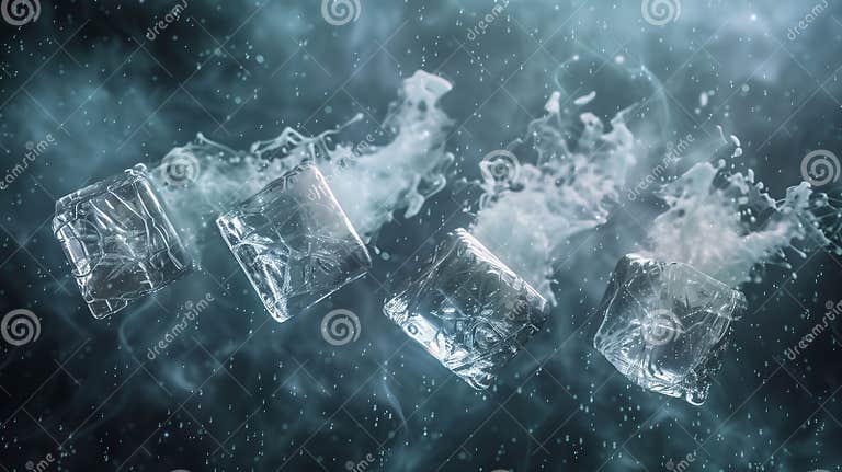 Four Dynamic Ice Cubes Flying through the Air, Cut Out for a Refreshing ...
