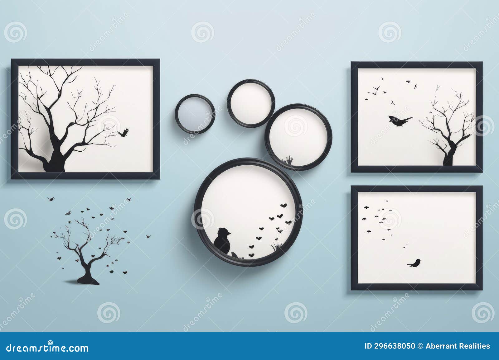 Four Frames with Black Silhouettes of Trees and Birds Stock ...