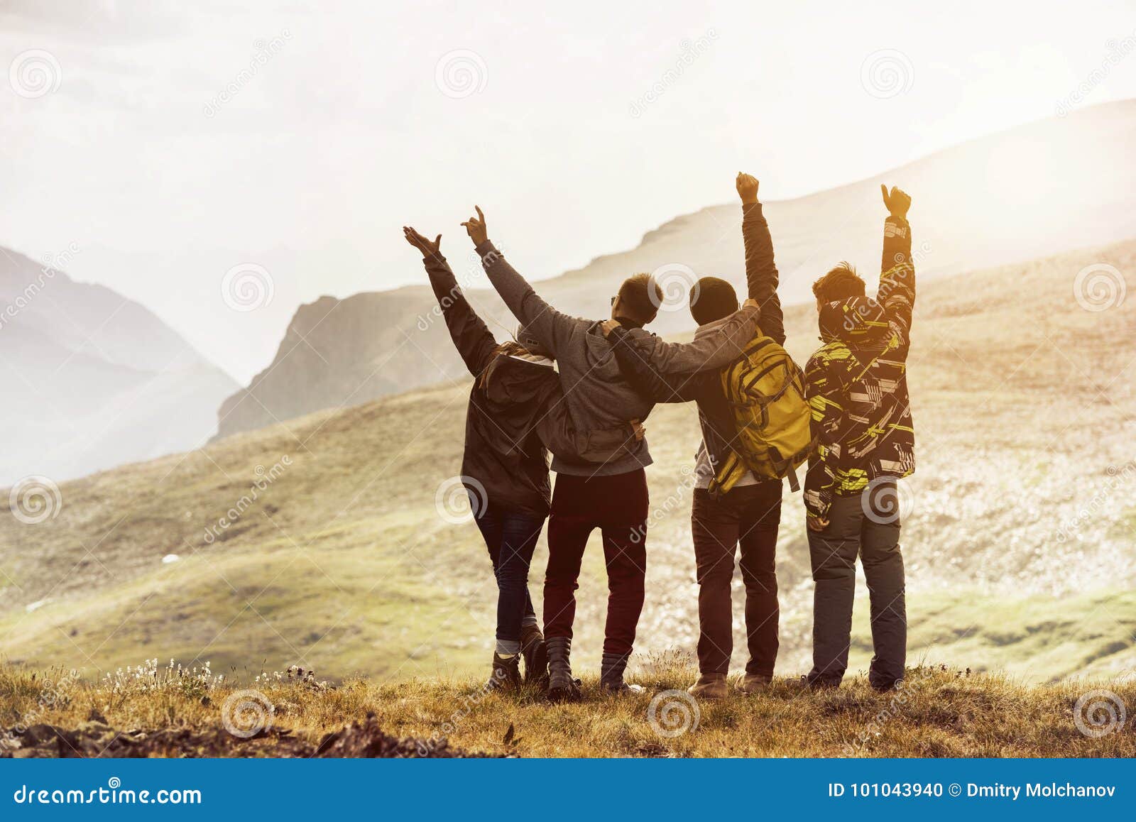 Four Friends Having Fun Mountain Sunset Stock Photo - Image of female ...
