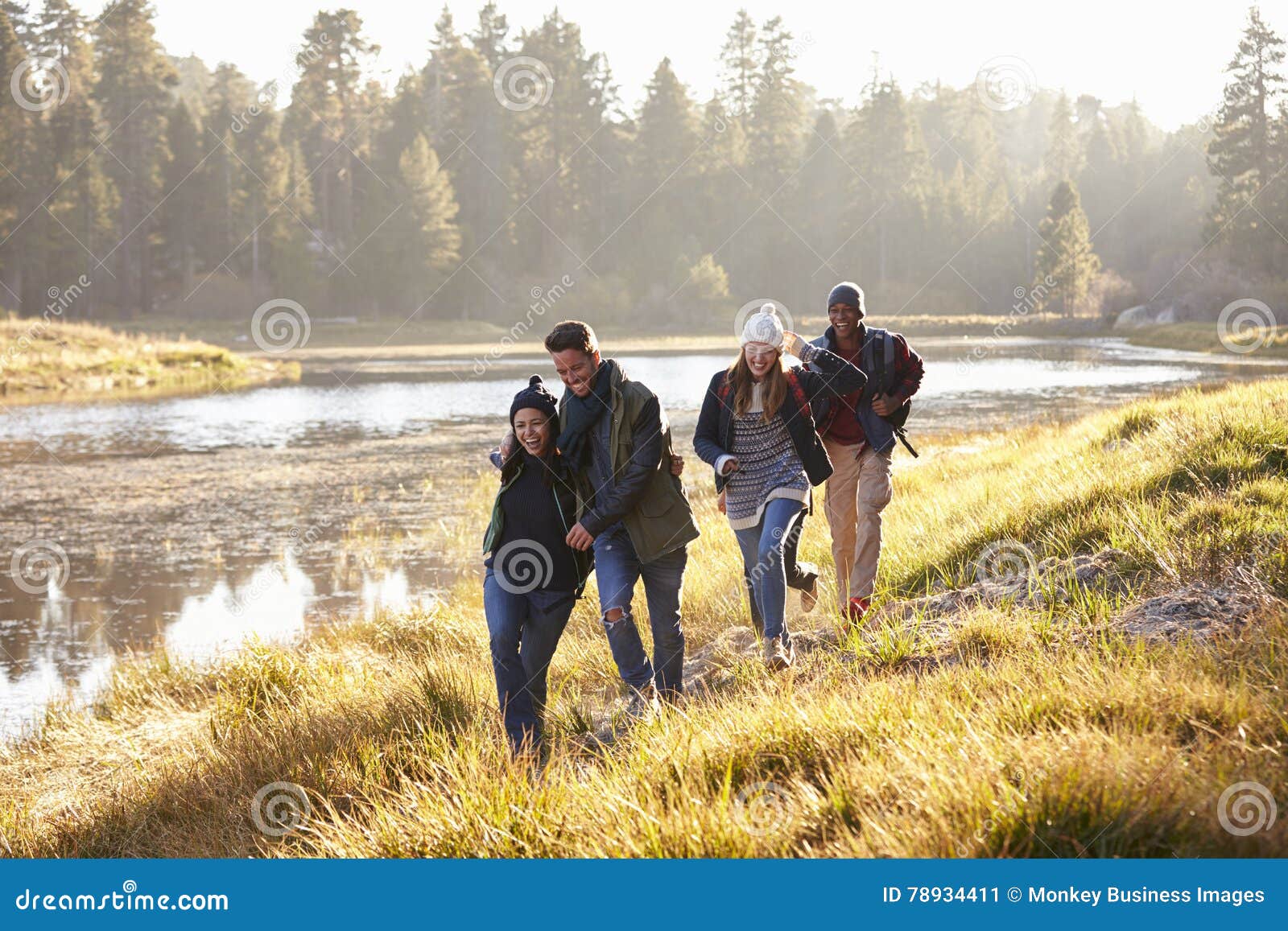 Four Friends Having Fun Walking beside a Lake Stock Image - Image of ...