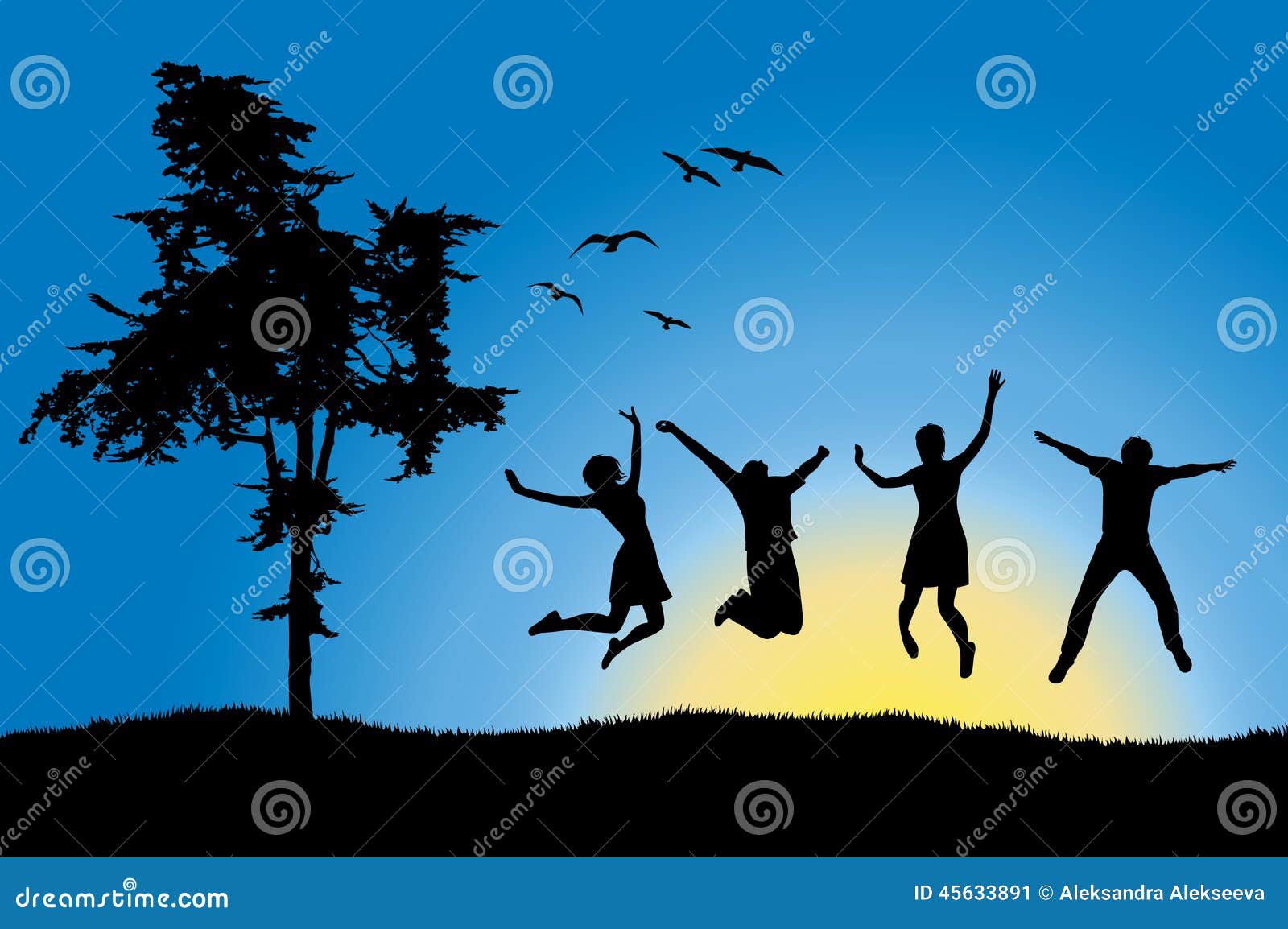 Four Friends Jumping on Field Near Tree Stock Vector - Illustration of ...