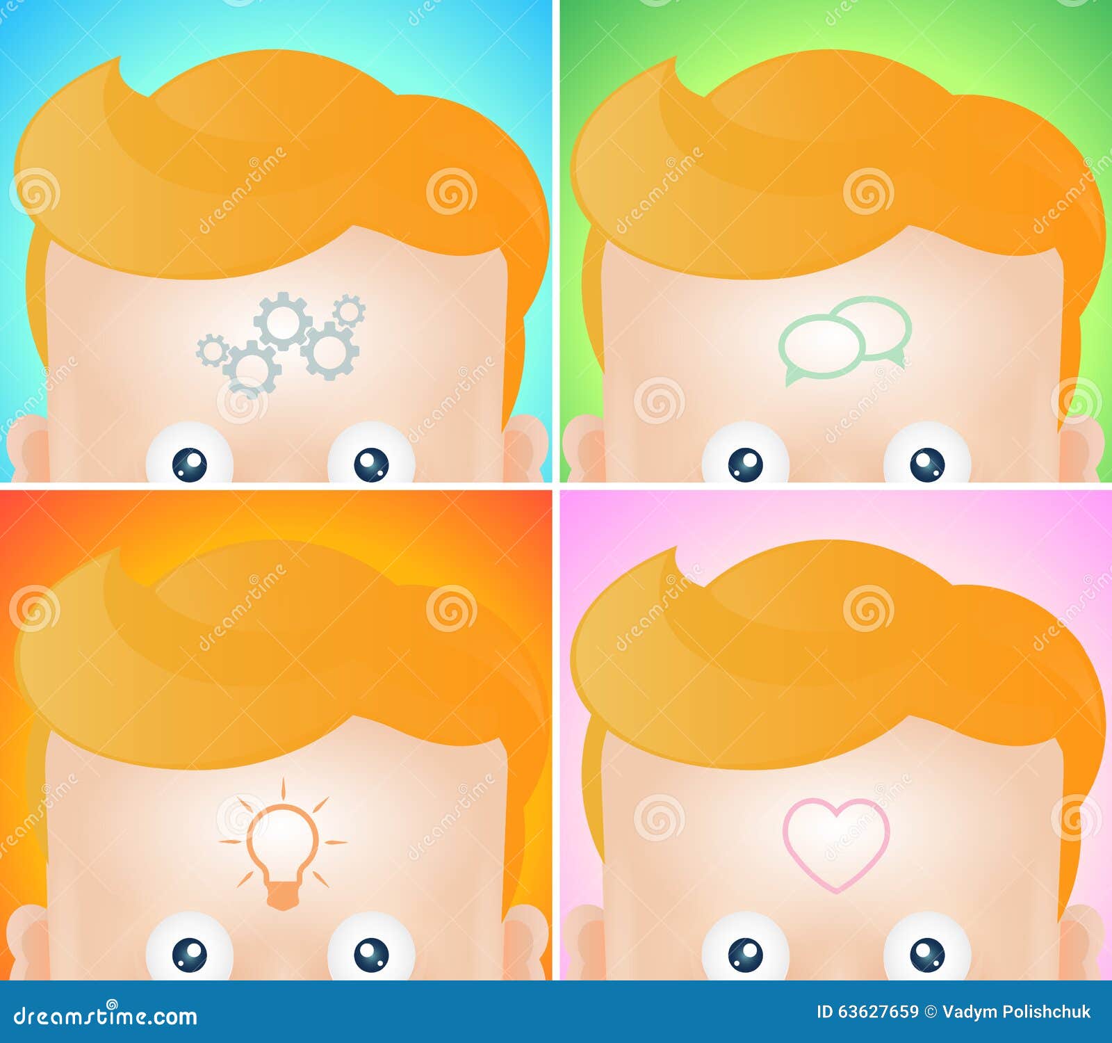 Four Funny Cartoon Heads with Visualization Stock Vector - Illustration ...