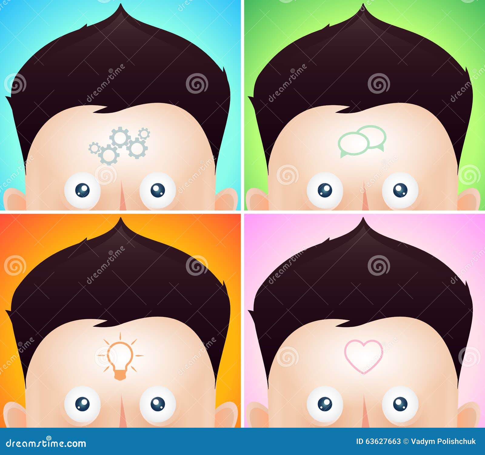 Four Funny Cartoon Heads with Visualization Stock Vector - Illustration ...
