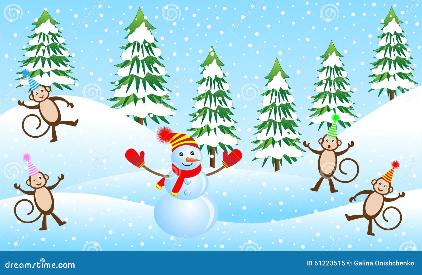 Four Funny Monkeys and Snowman in a Winter Forest Stock Vector ...