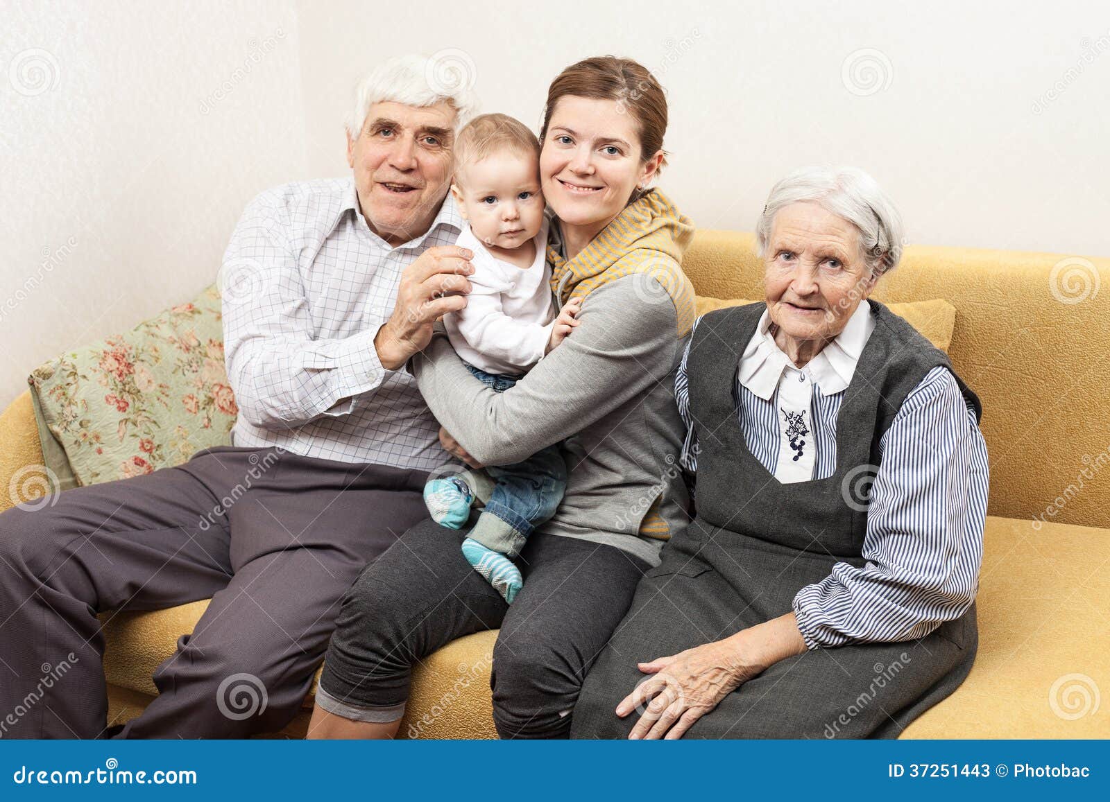 Four Generation Family Sitting on Sofa Stock Image - Image of grandson ...