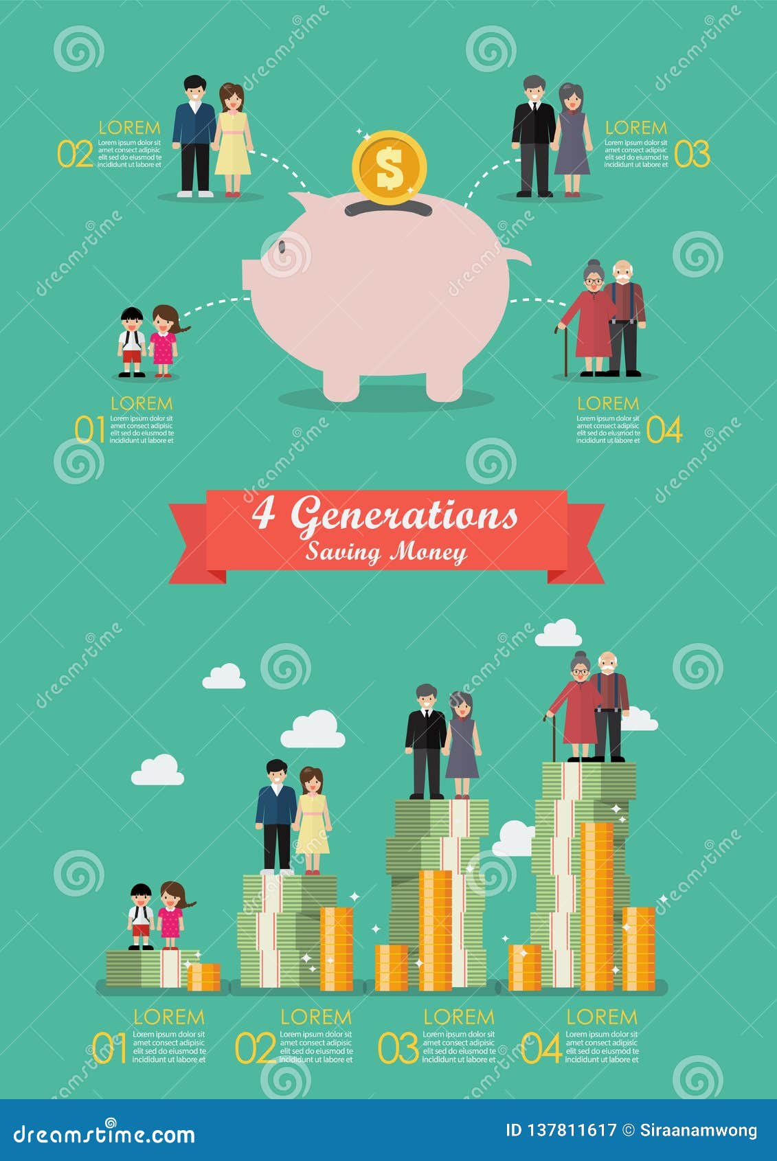 Four Generation Saving Money Collection Infographic Stock Vector ...