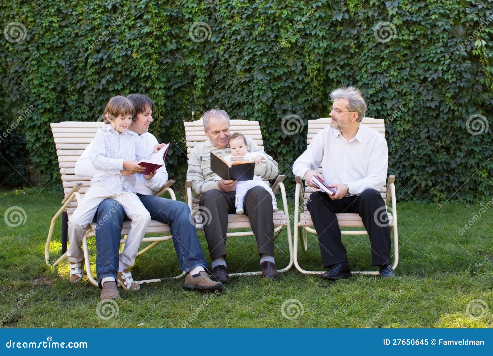 Four Generations of Men Reading in the Garden Stock Image - Image of ...