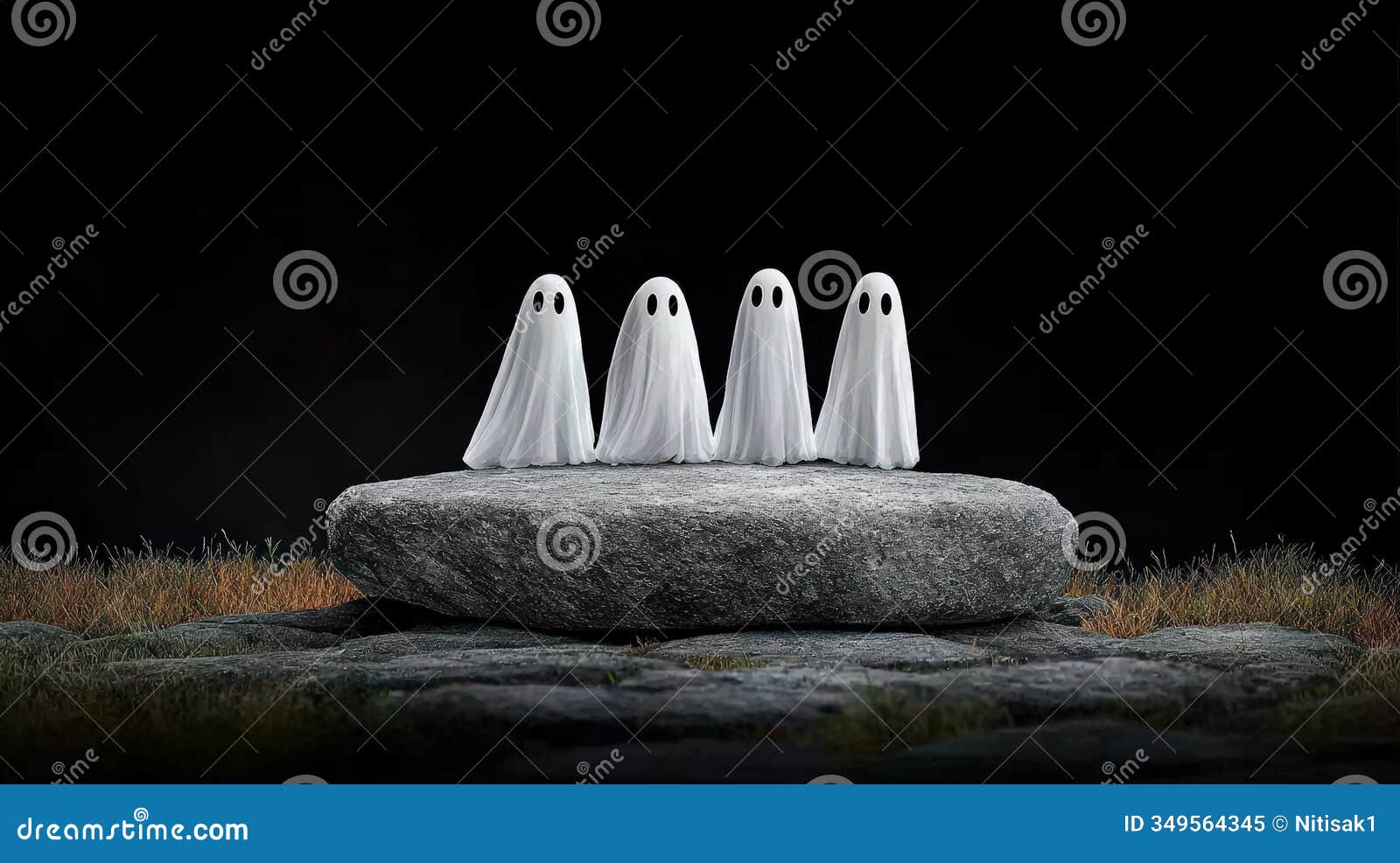 Four Ghost Figures Standing on a Stone in a Dark Environment Stock ...