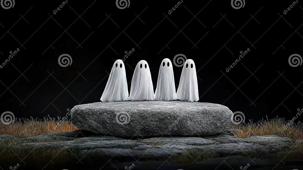 Four Ghost Figures Standing on a Stone in a Dark Environment Stock ...