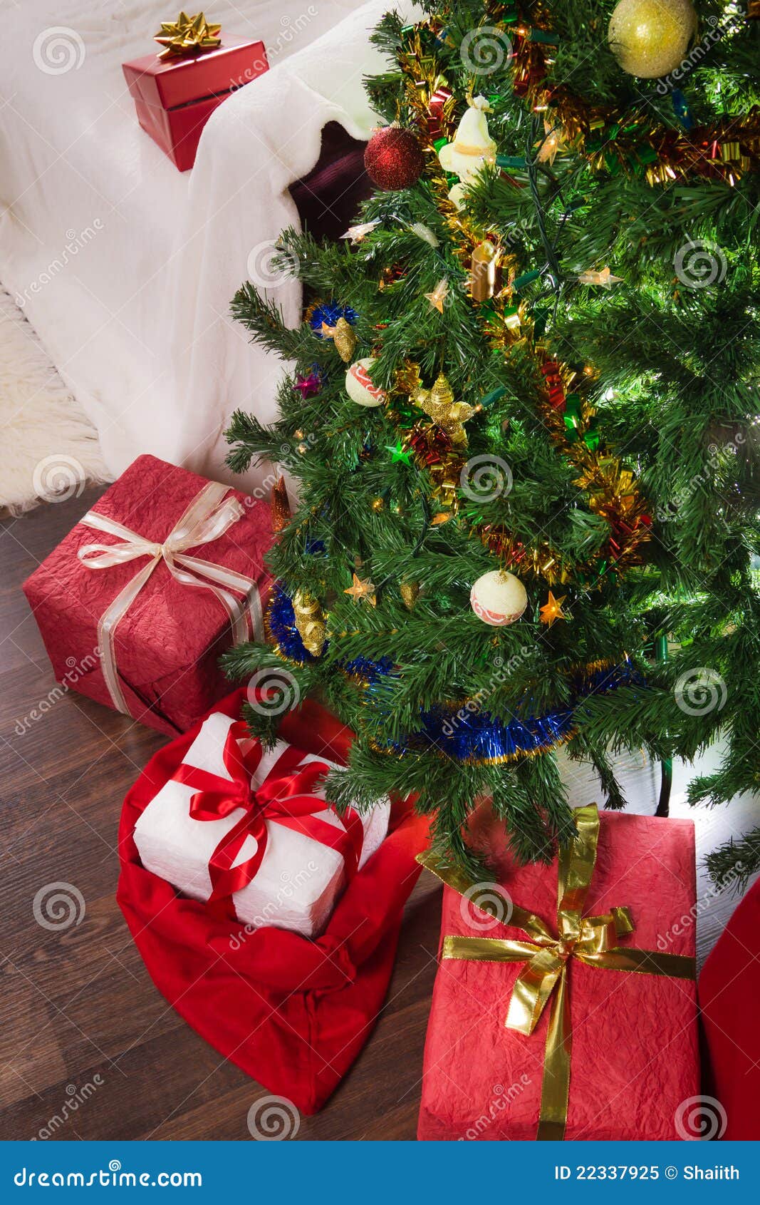 Four Gifts with Christmas Tree Stock Image - Image of multi, evening ...