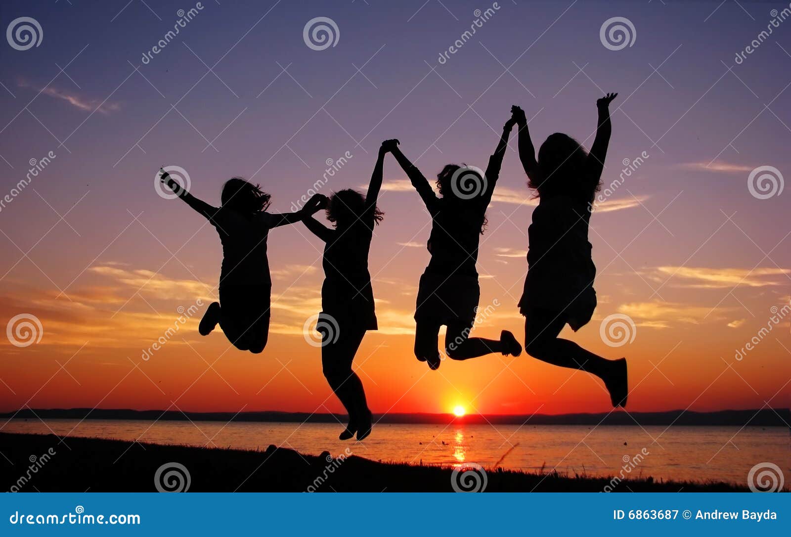 Four Girl Friends Jumping at Sunset Stock Image - Image of sunset ...