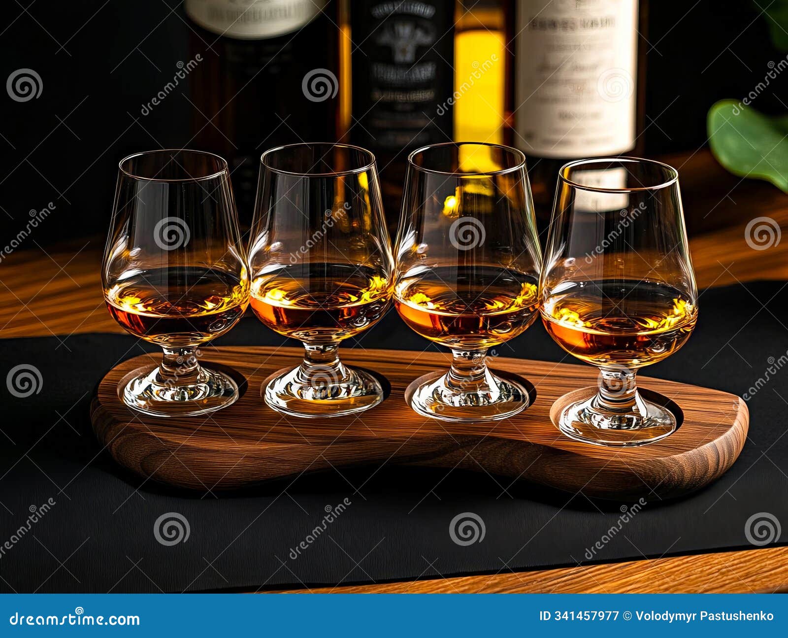 Four Glasses of Brandy on a Wooden Tray Stock Image - Image of beverage ...