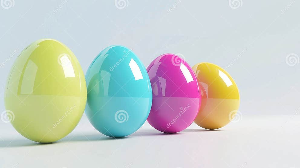Four Glossy Easter Eggs, 3D Illustration, Colorful, Side View, Simple Design, Rounded Render ...