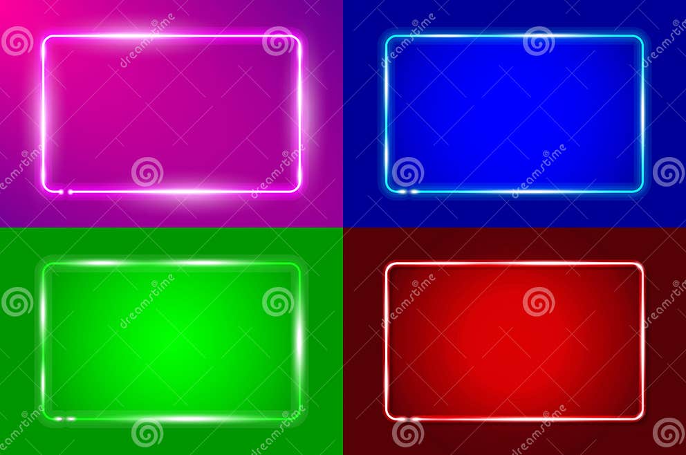 Four Glowing Rounded Rectangular Neon Frames, Pink, Blue, Green and Red Backgrounds. Realistic ...