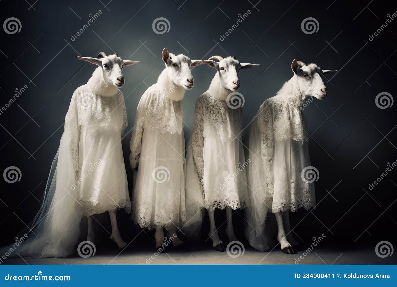 Four Goats in Long White Dresses Stand , Concept of Folklore Traditions ...