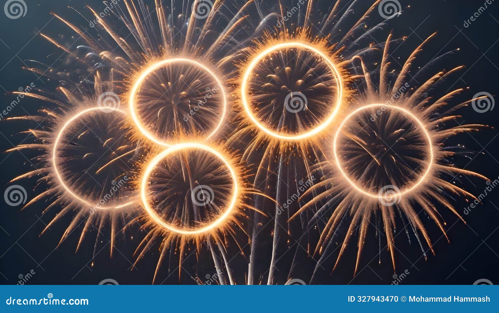 Four Golden Rings Formed by Fireworks Exploding Against a Dark ...