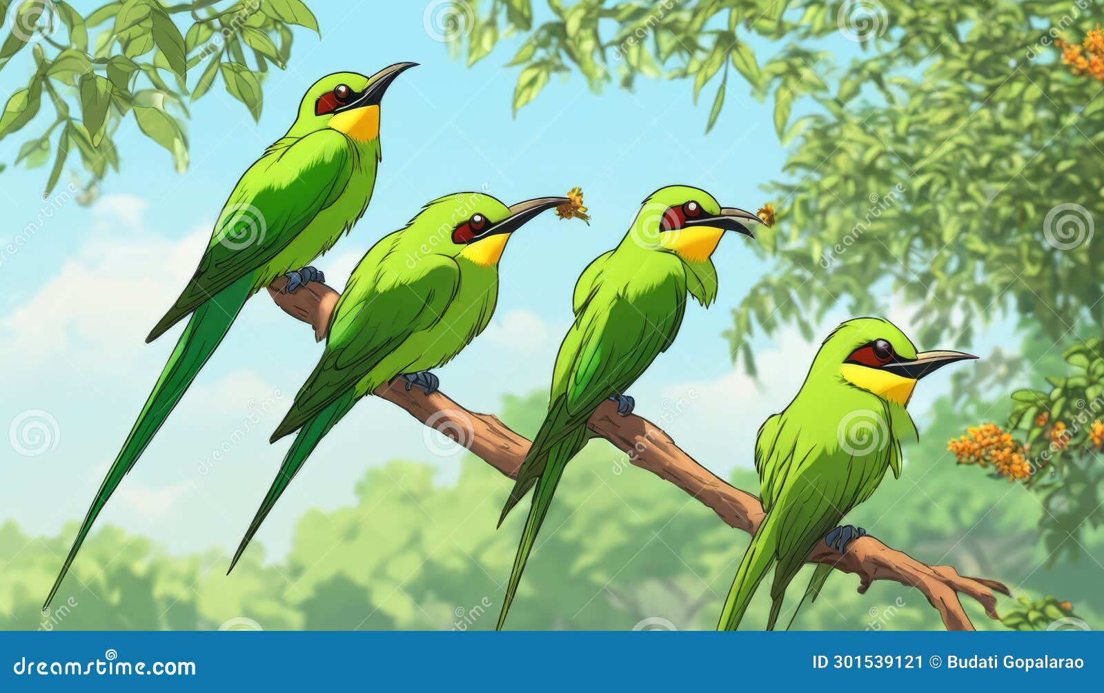 Four Green Birds Sitting on a Branch Stock Illustration - Illustration ...