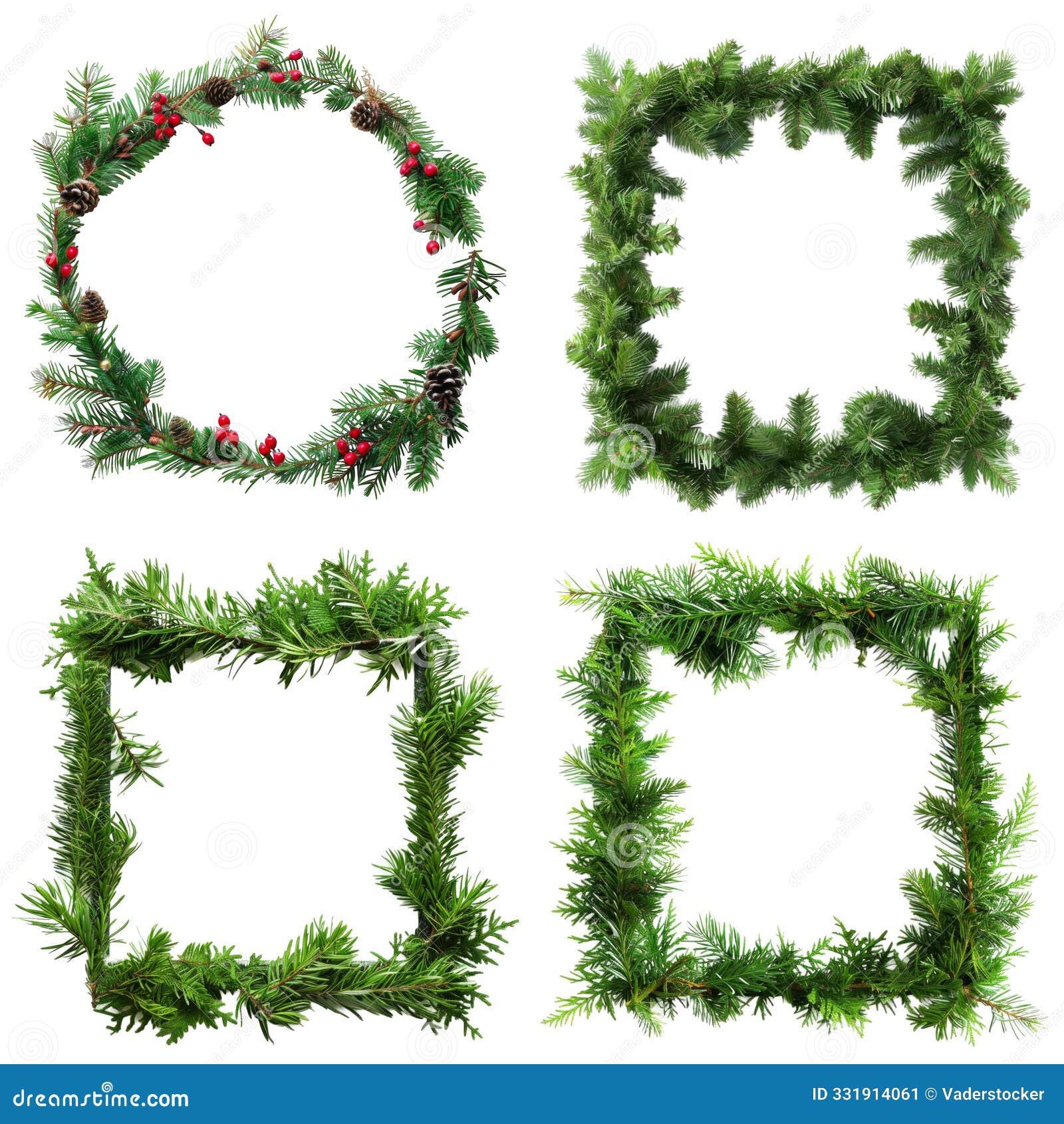 Four Green Evergreen Frames with Berries and Cones Stock Illustration ...