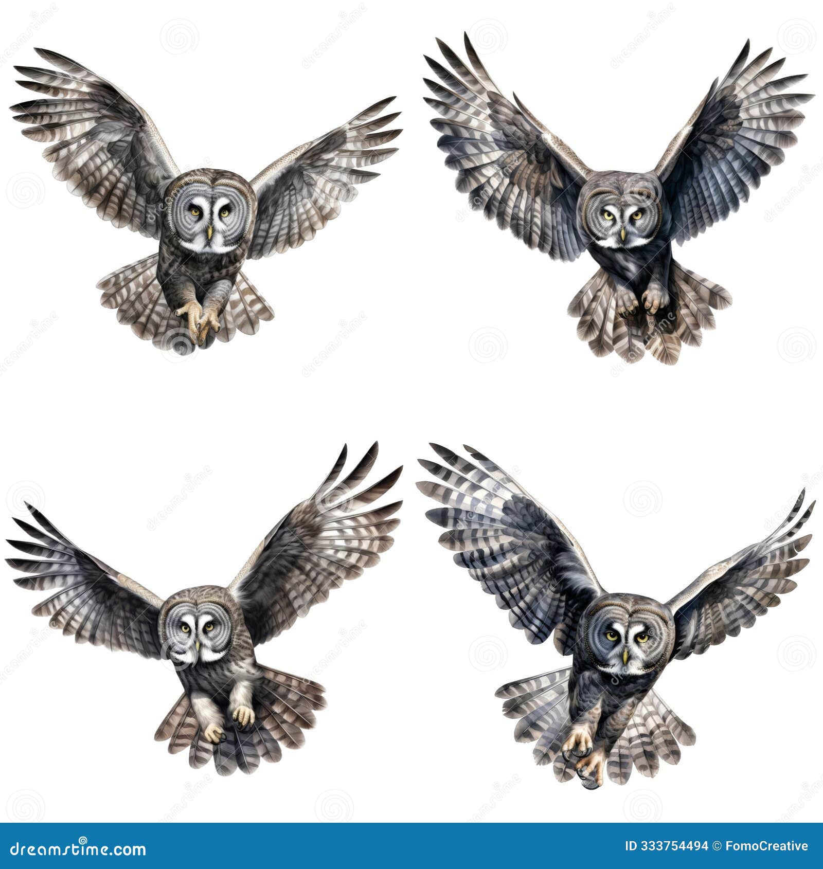 Four Grey Owls in Flight, Wings Spread Stock Illustration ...