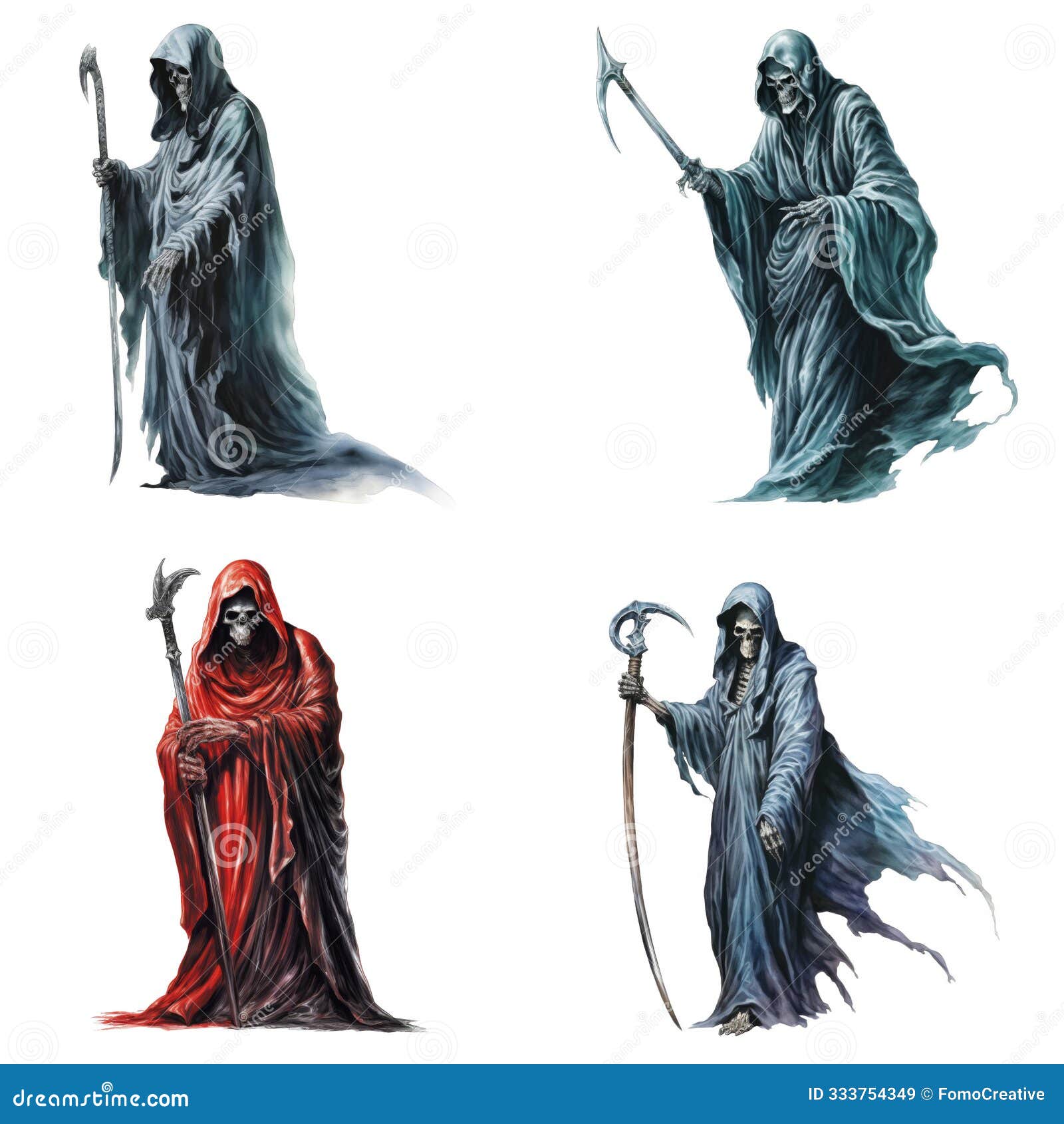 Four Grim Reapers with Different Robes and Weapons Stock Image ...