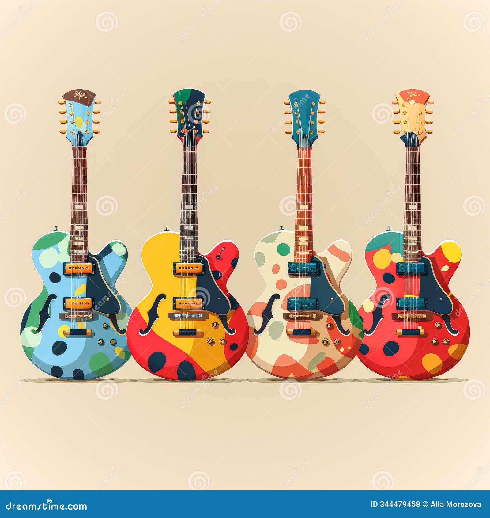 Four Guitars with Different Colors and Patterns Stock Photo - Image of ...