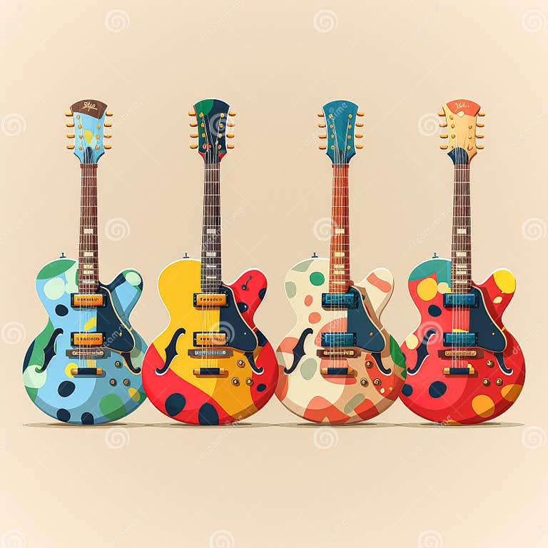 Four Guitars with Different Colors and Patterns Stock Photo - Image of ...