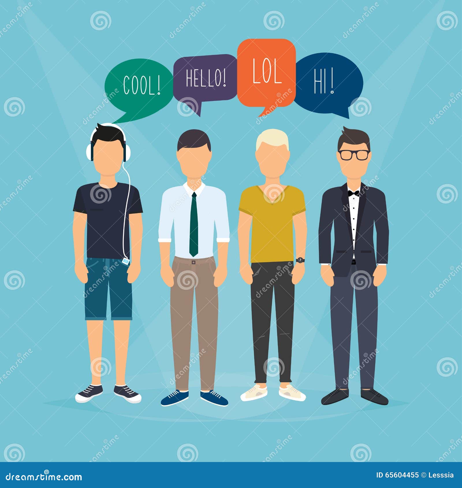 Four Guys Communicate. Speech Bubbles with Social Media Words Stock ...