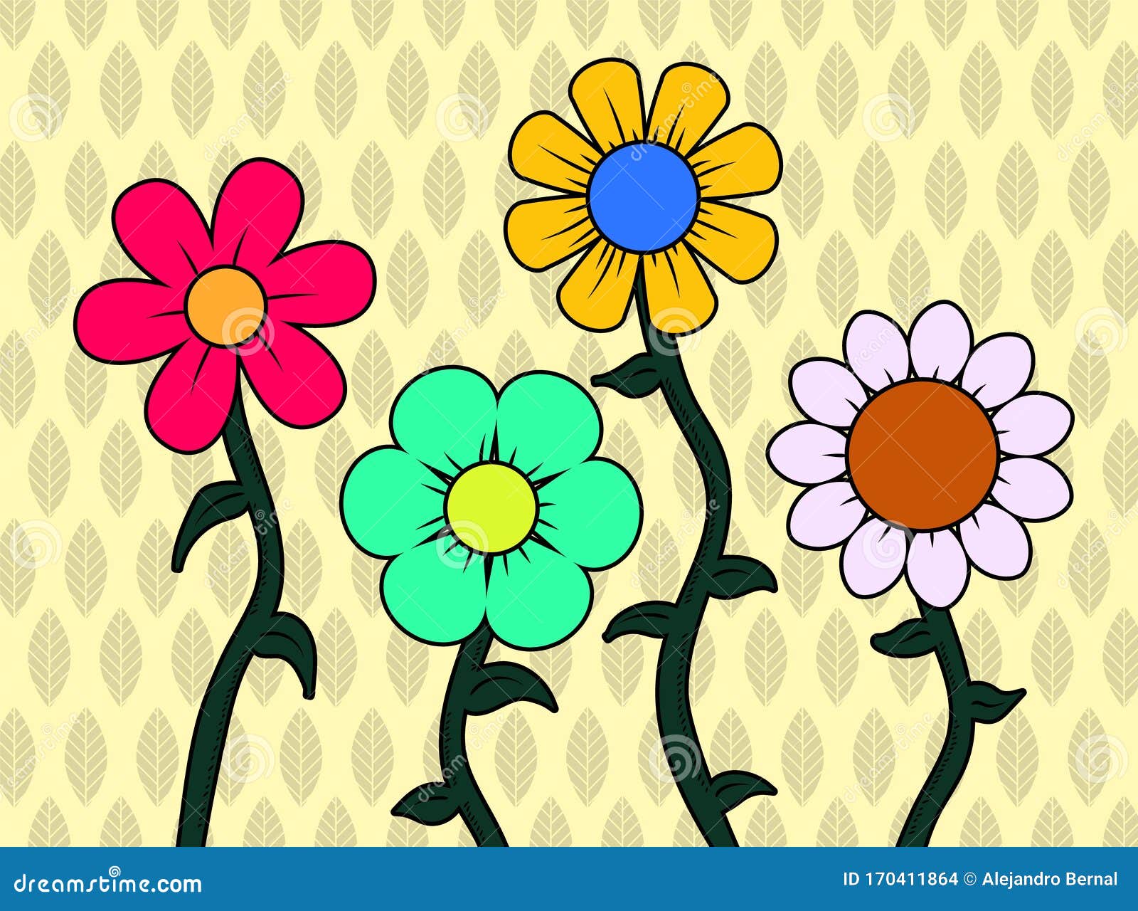 Four Hand Drawed Flowers Art Deco Style Stock Illustration ...