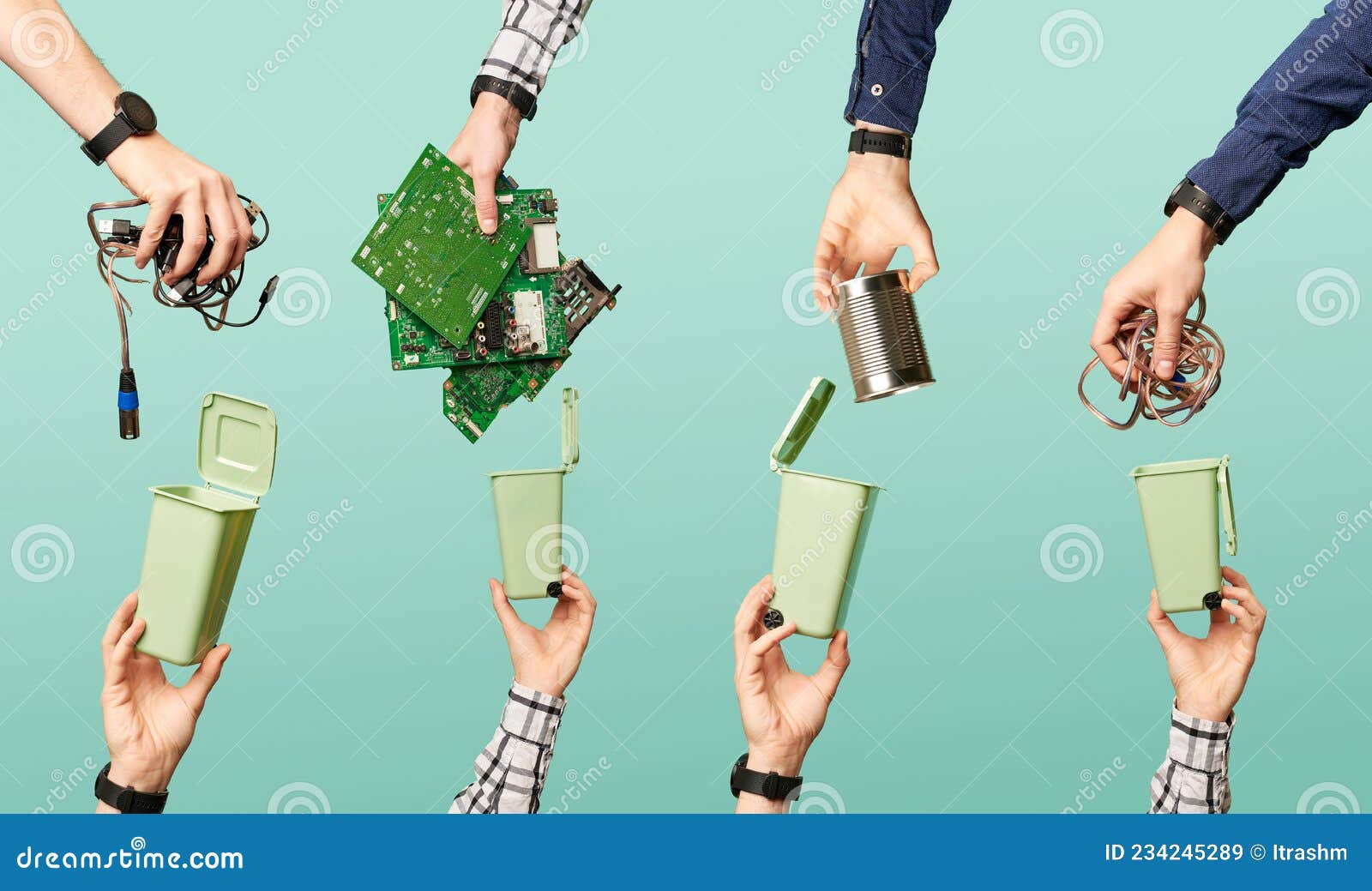 Four Hands Hold Electrical Waste and Garbage Containers on Empty Blue ...