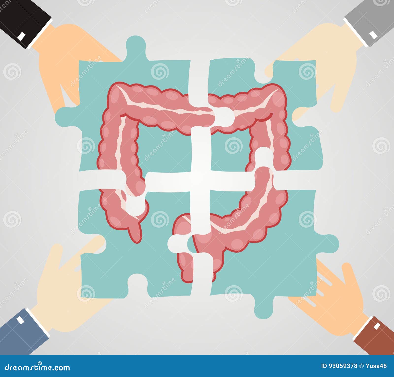 Four Hands Putting Jigsaw Puzzle Pieces with Image of Large Intestine ...