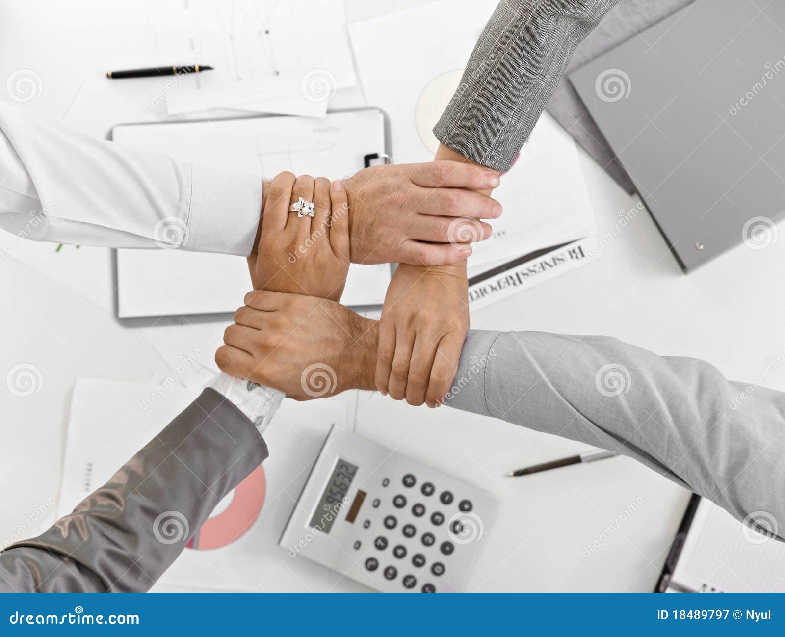 Four Hands Together in Unity at Businessmeeting Stock Image - Image of ...