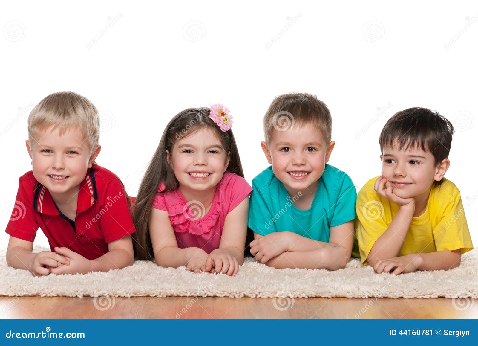Four Happy Children on the White Carpet Stock Image - Image of children ...
