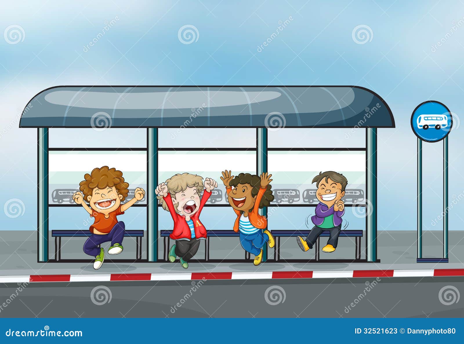 Four Happy Kids at the Waiting Shed Stock Vector - Illustration of ...