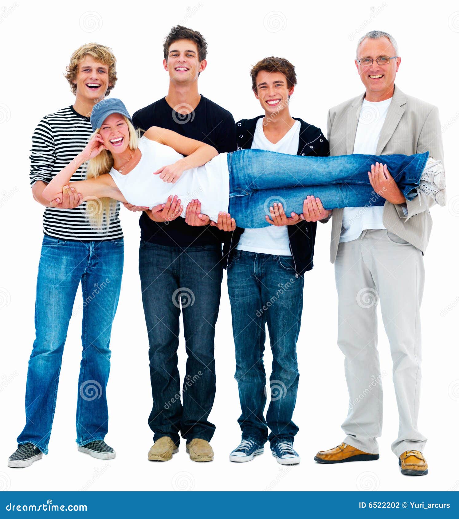 Four Happy Men Carrying a Young Woman Stock Photo - Image of beautiful ...