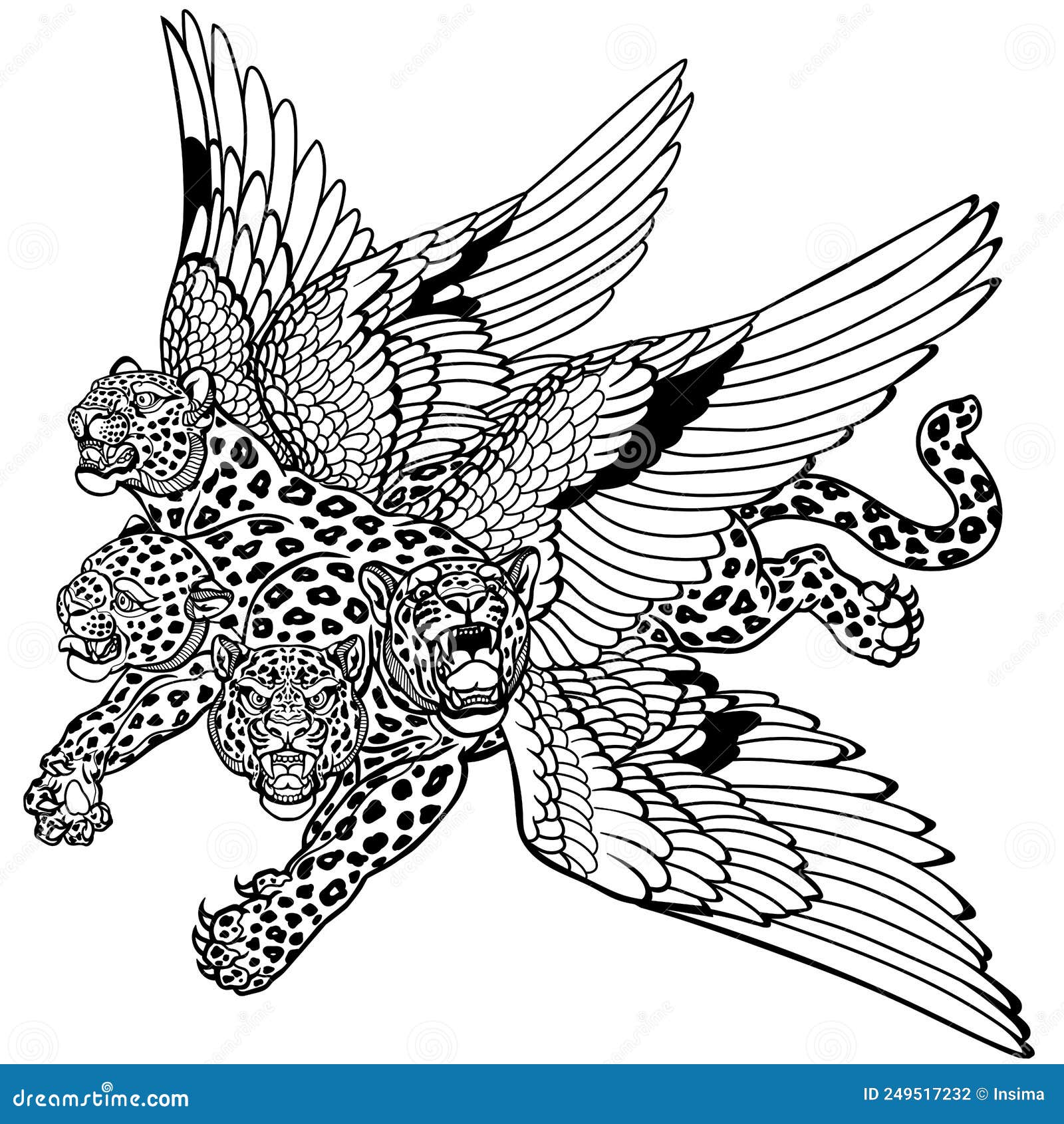 Four-headed Winged Leopard. Black And White Vector Illustration ...