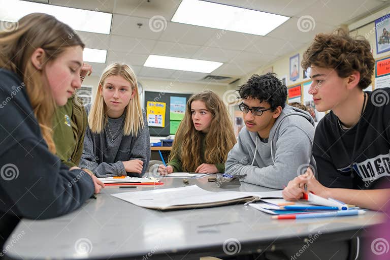 Four High School Students Work Together on a Group Project in a ...