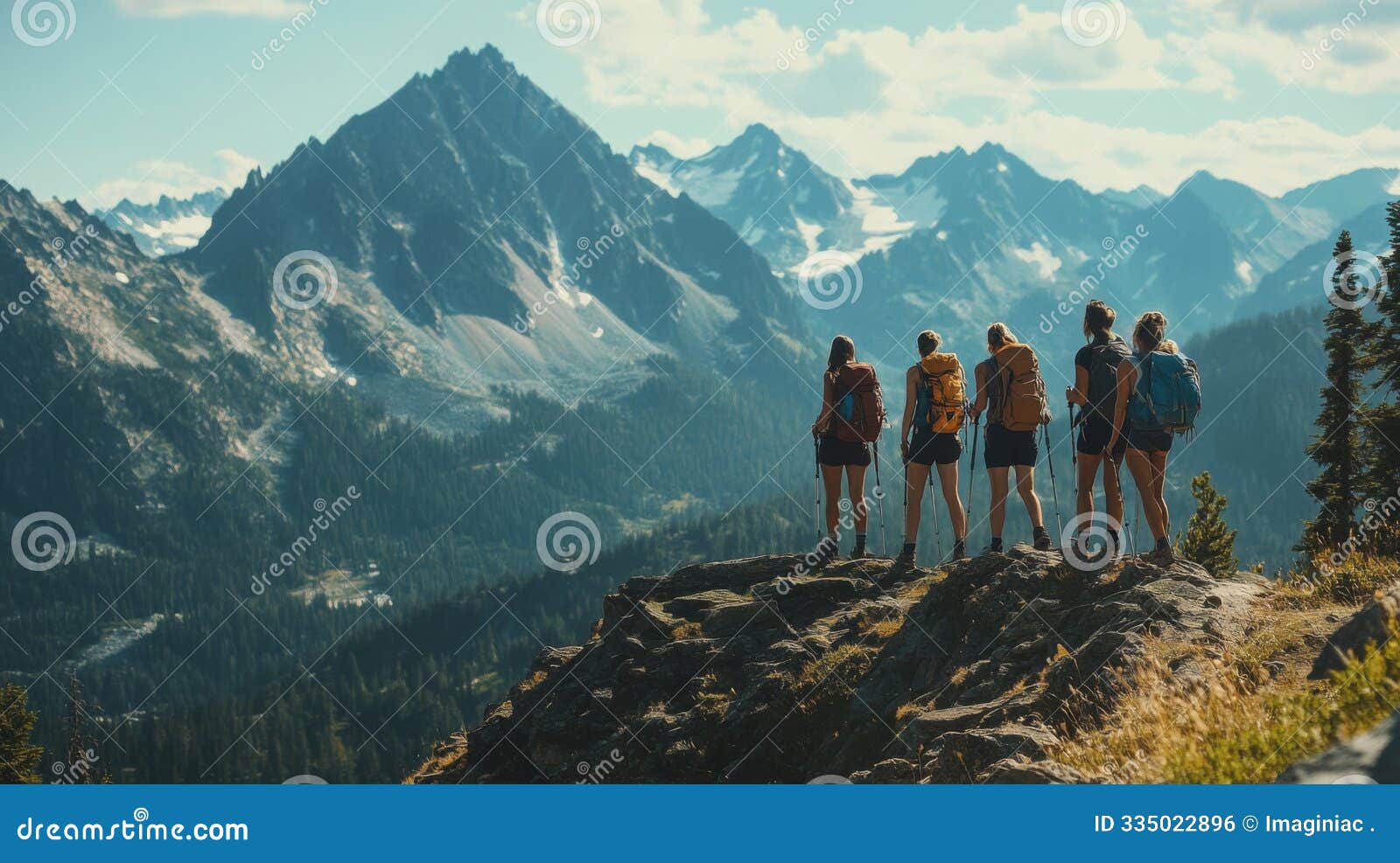 Four Hikers Admire Mountain View from Clifftop Stock Illustration ...