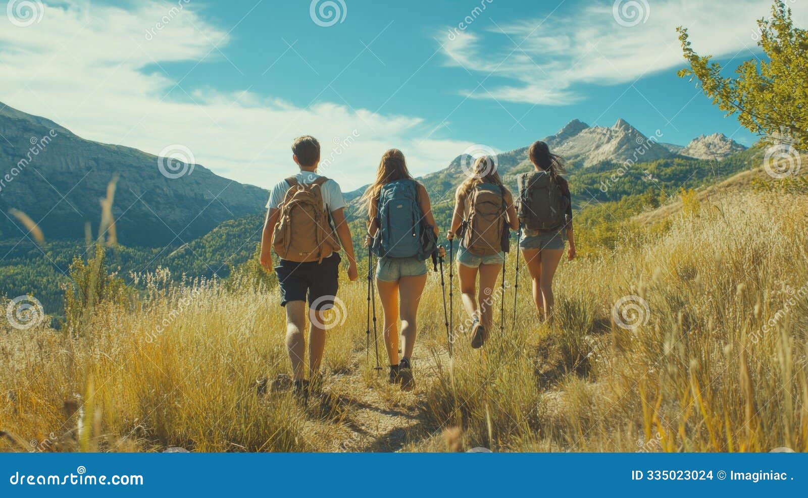 Four Hikers Walking on a Mountain Trail Stock Illustration ...