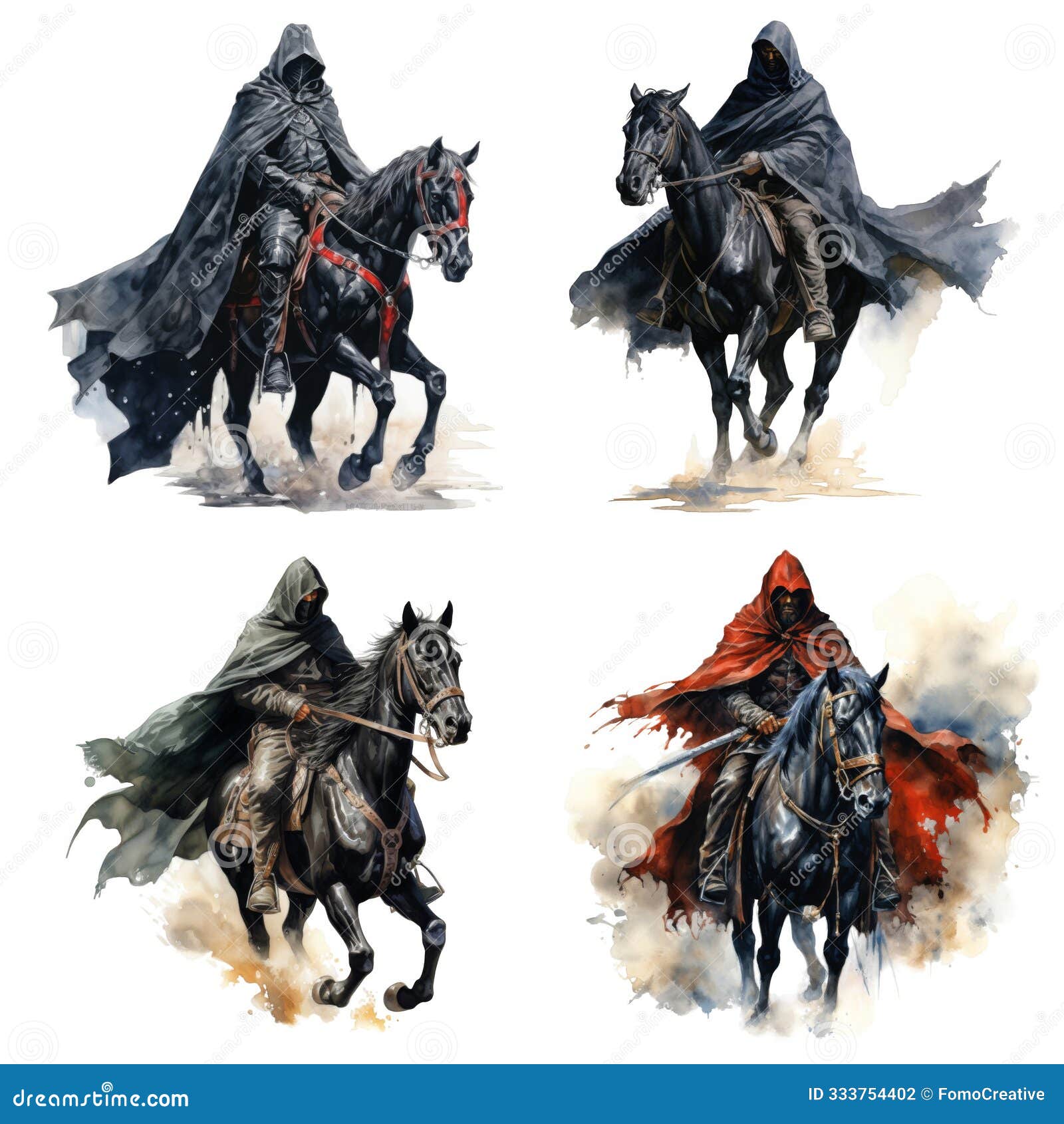 Hooded Rider On Black Horse Galloping Through Dust Stock Photography ...