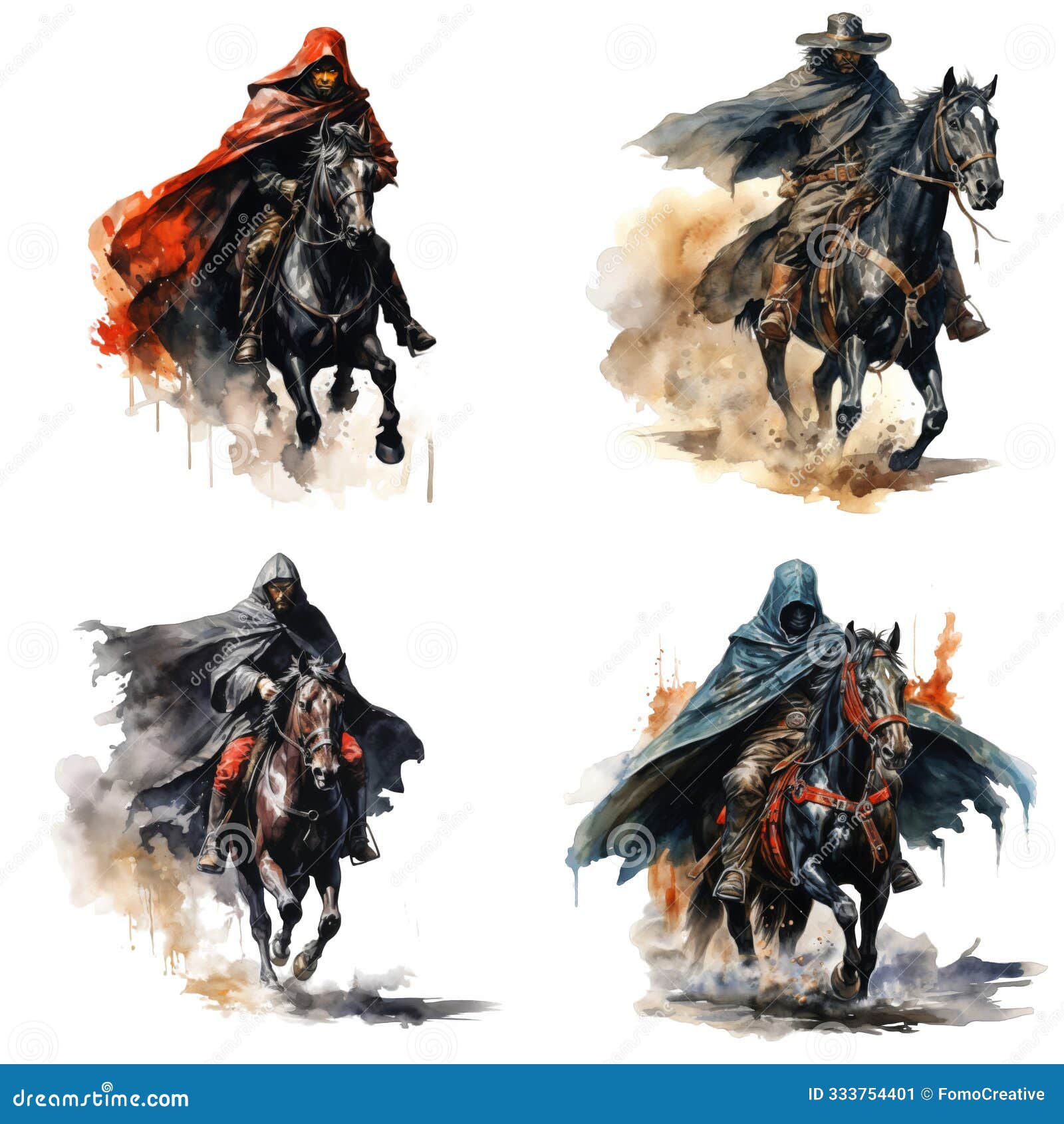 Hooded Rider On Black Horse Galloping Through Dust Stock Photography ...