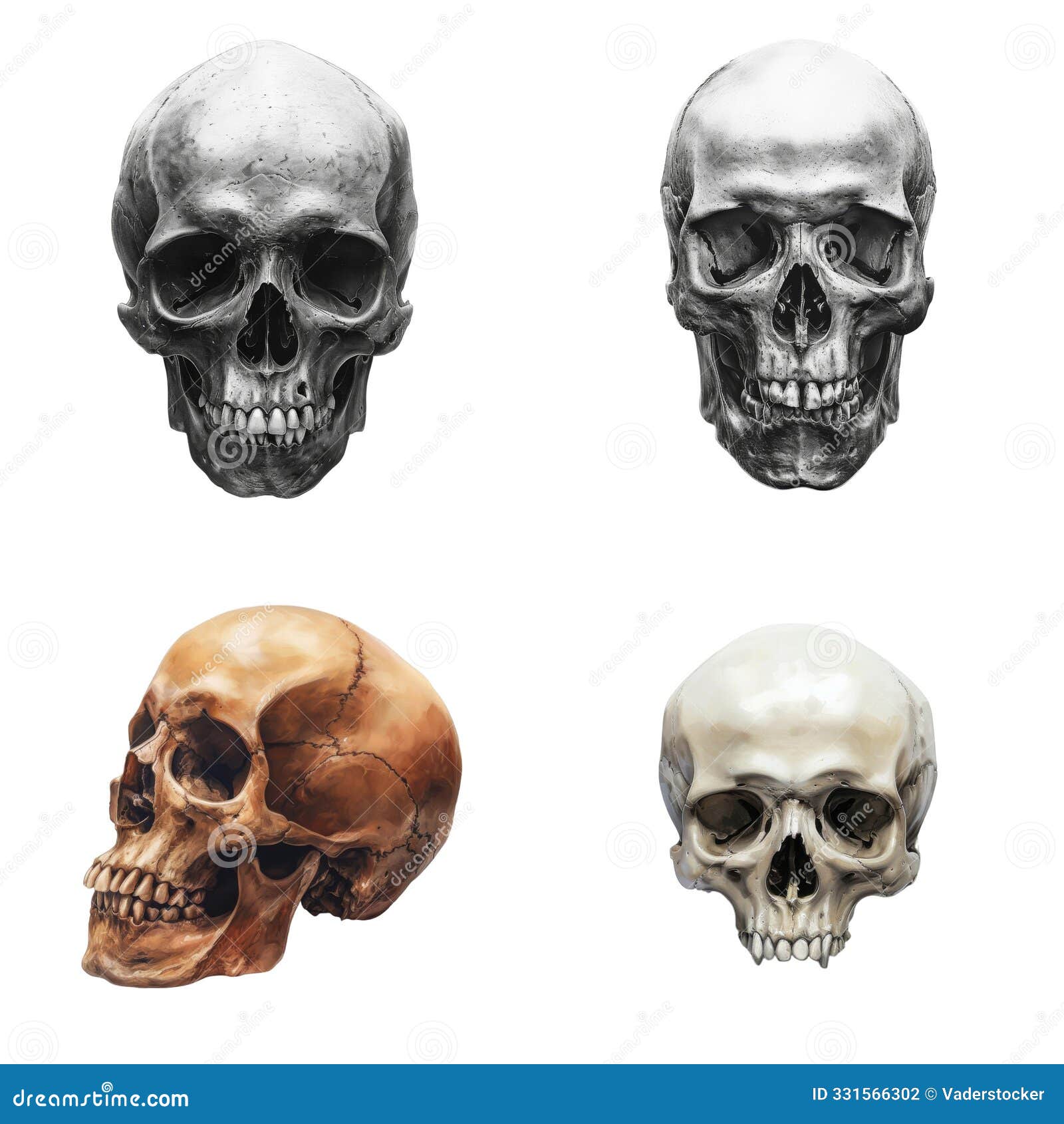 Four Human Skulls in Different Angles and Color Variations Stock Photo ...