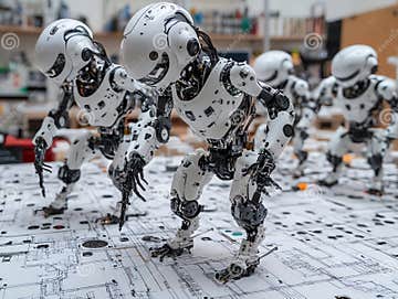 Four Humanoid Robots Stand on a Table Covered in Blueprints Stock ...