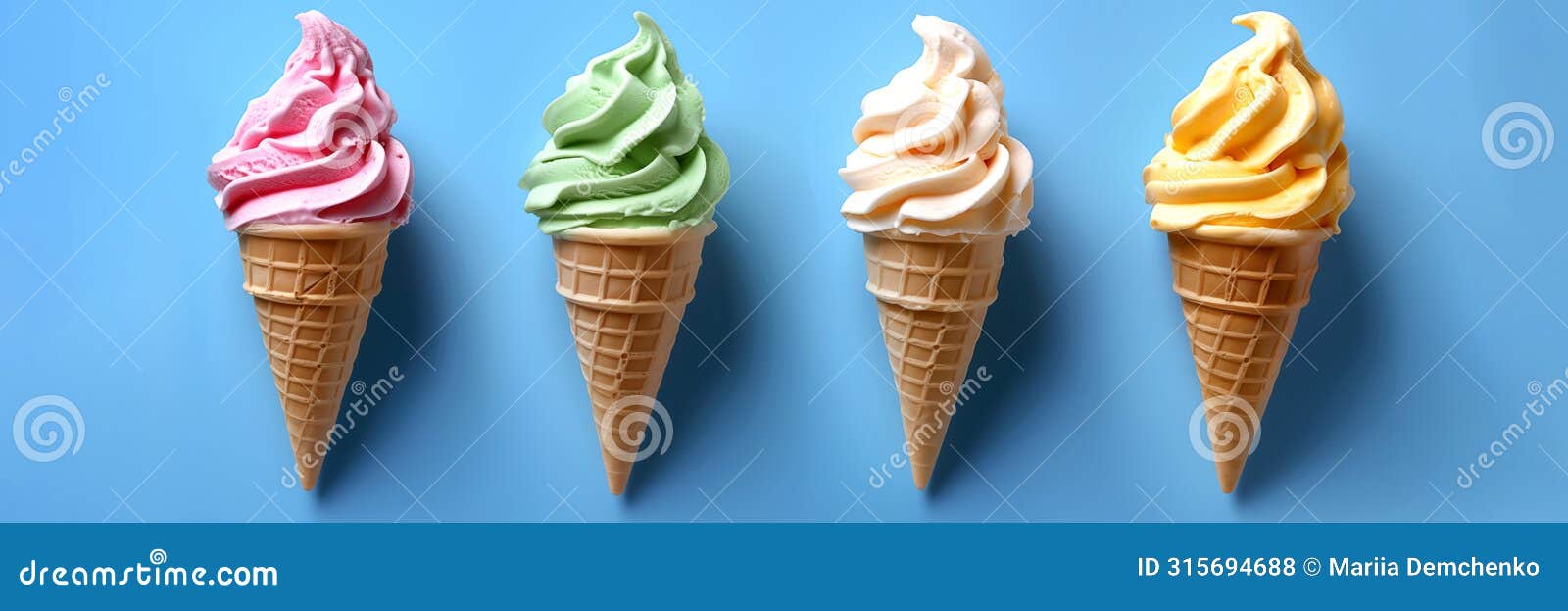 Four Ice Cream Cones with Different Flavors on Blue Background Banner ...