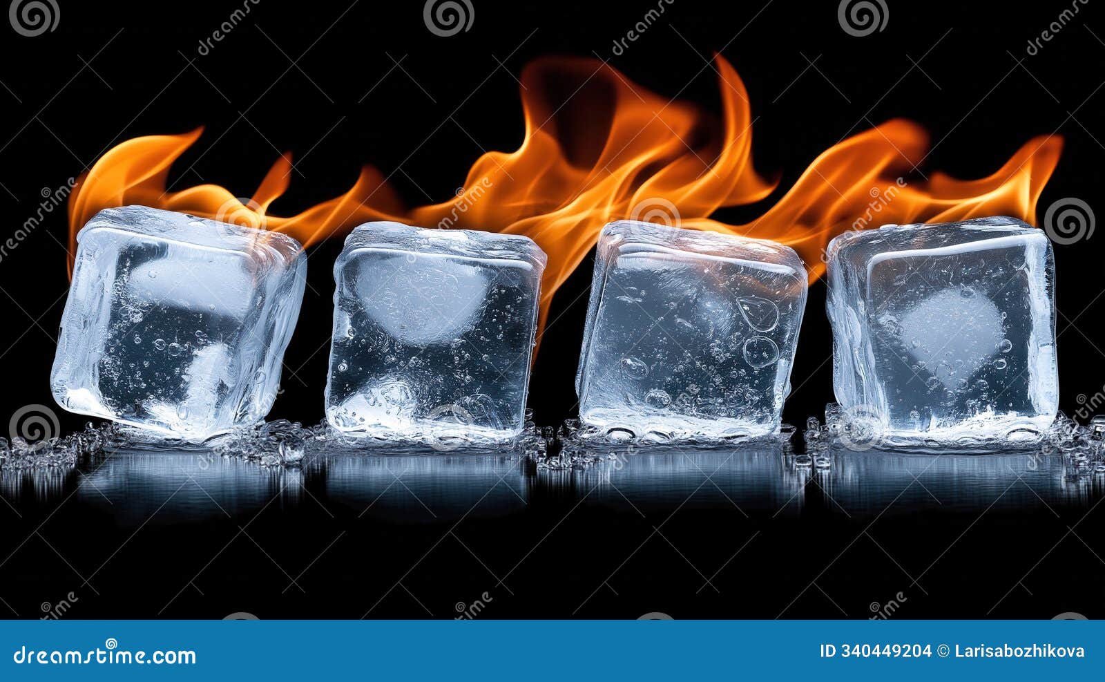 Four Ice Cubes with Flames Engulfing Them on a Black Background Stock ...
