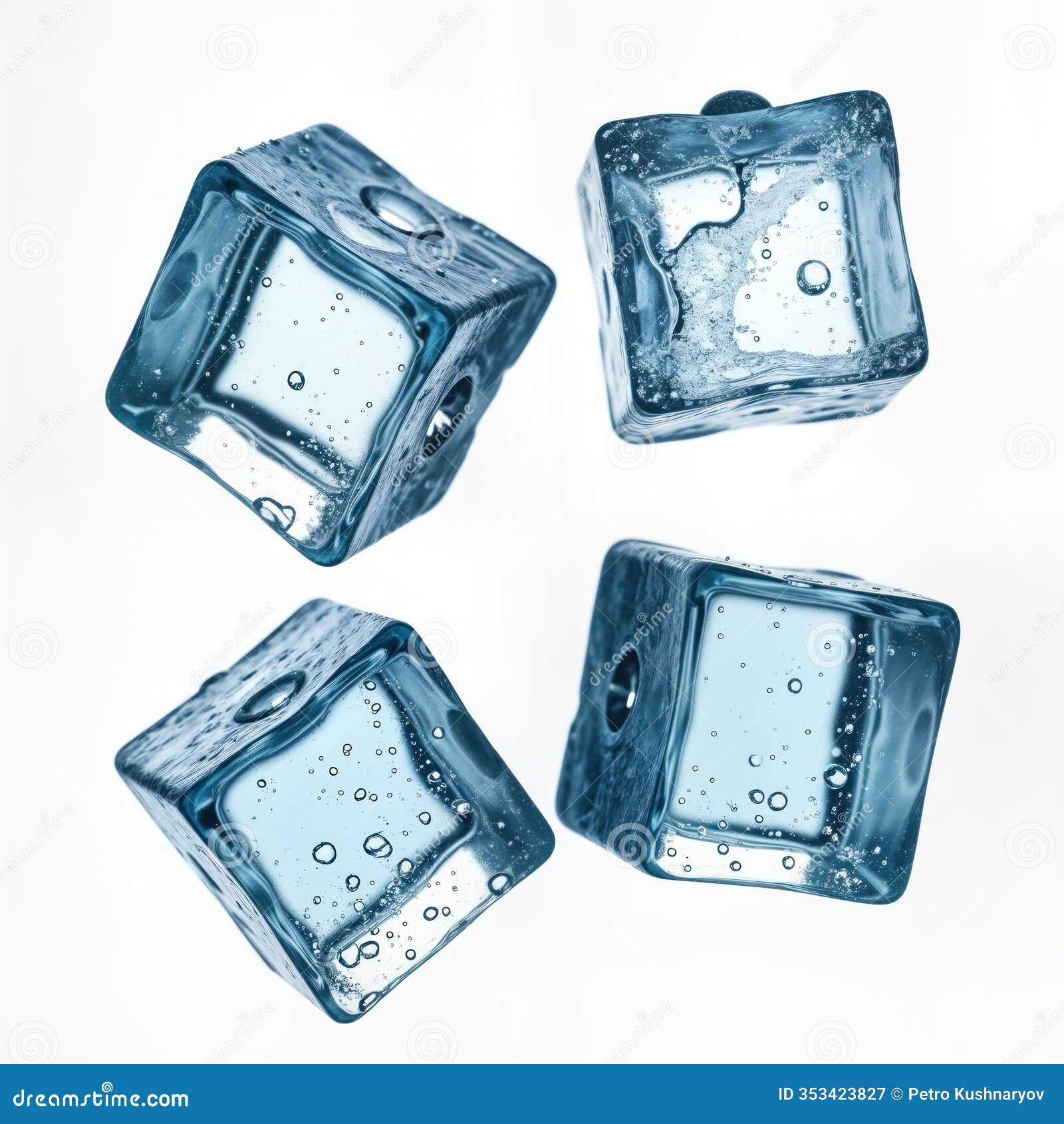 Four Ice Cubes Float in the Air. they are Translucent and Light Blue ...