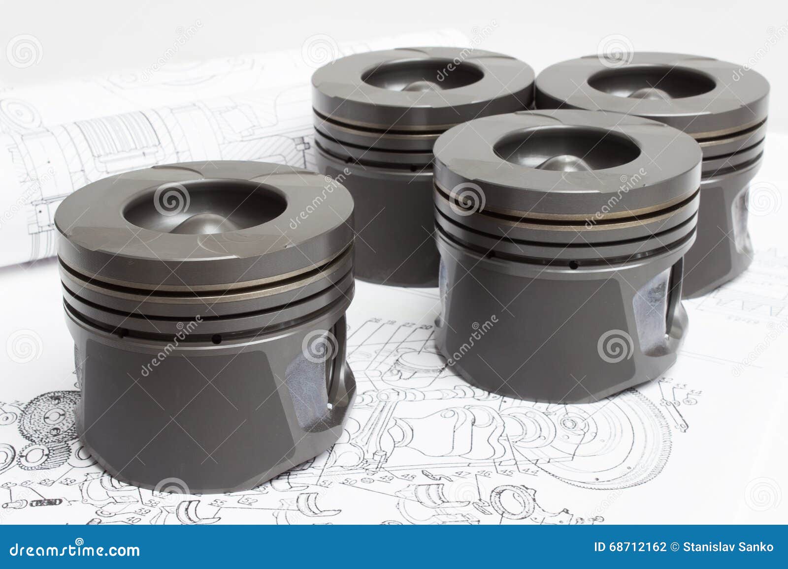 Four Identical Pistons on White Background. Spare Internal Combustion ...