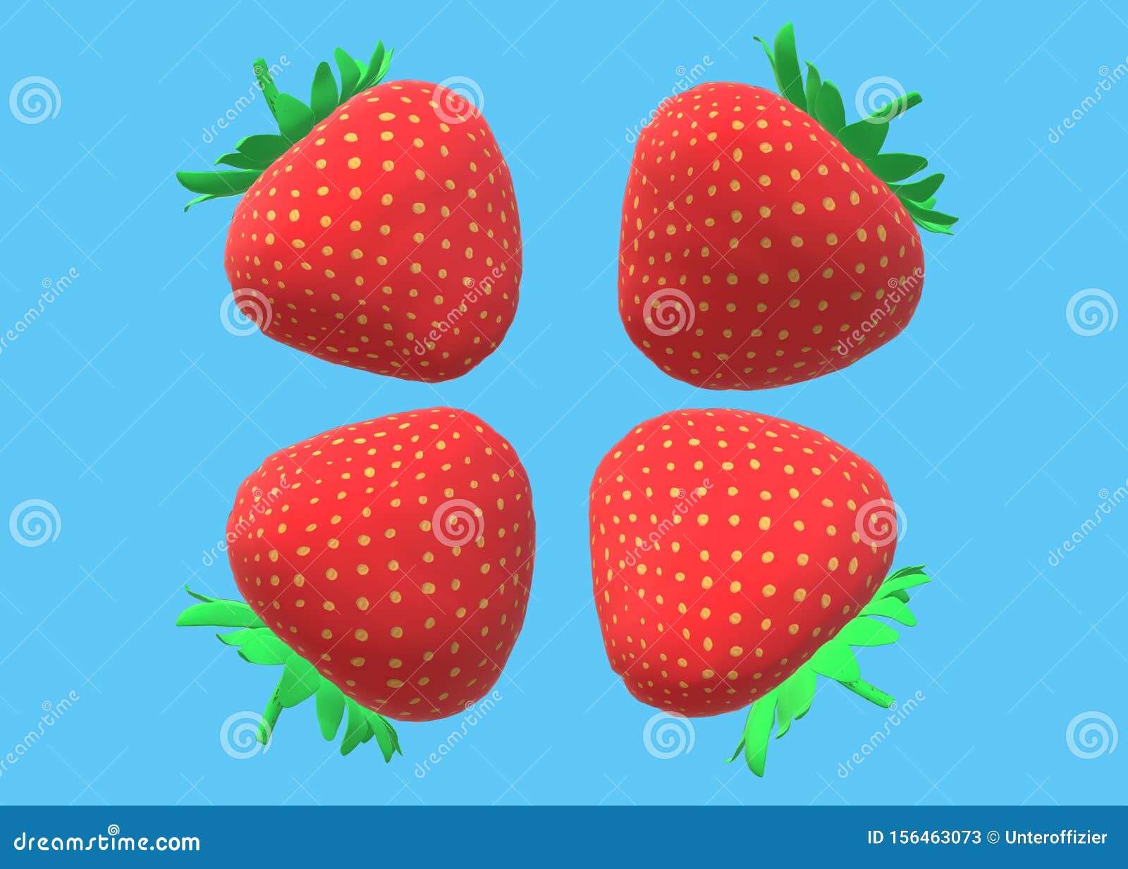 Four Identical Strawberry Fruits Against a Light Blue Backdrop Stock ...